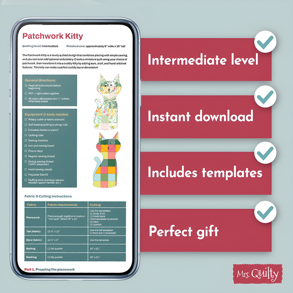 Patchwork Kitty Quilt Pattern PDF | Animal Plushie Sewing Pattern